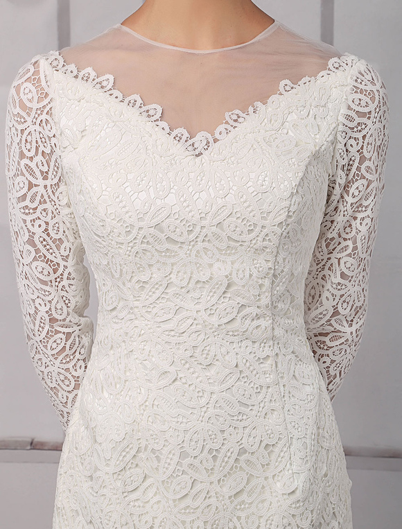 Lace Illusion Neckline Long Sleeves Knee Length Sheath Wedding Dress