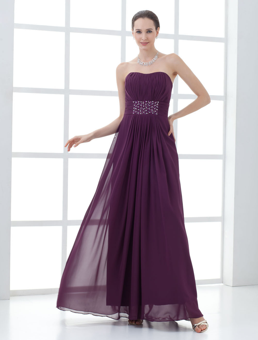 Strapless Empire Waist Beaded Long Chiffon Mother Of The Bride Dress