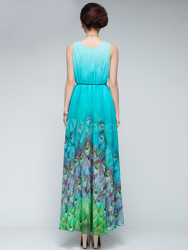 Peacock Printed Chiffon Maxi Dress
