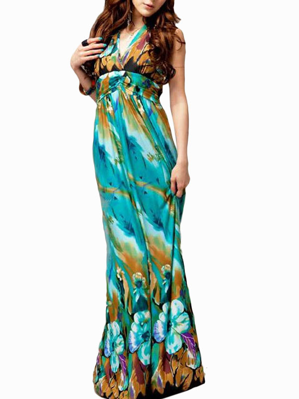 Bohemian Blue Floral Print Backless Spandex Halter Maxi Dress Women