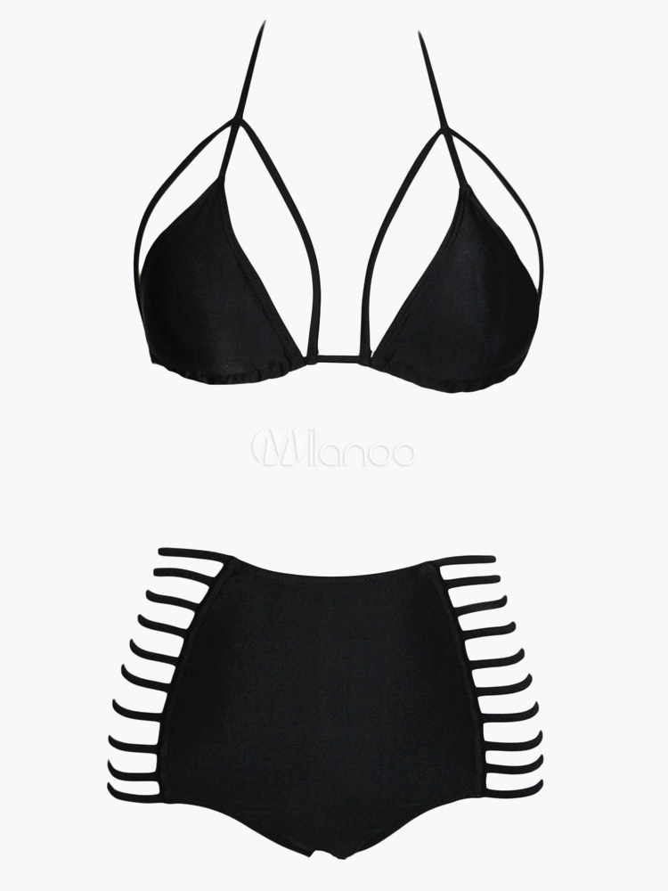 Black Halter High Waist Bikini Swimsuit With Straps