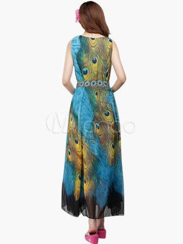 Sleeveless Chiffon Peacock Maxi Dress