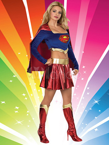 Halloween Supergirl Costume Polyester Long Sleeve Crop Top And Skirt