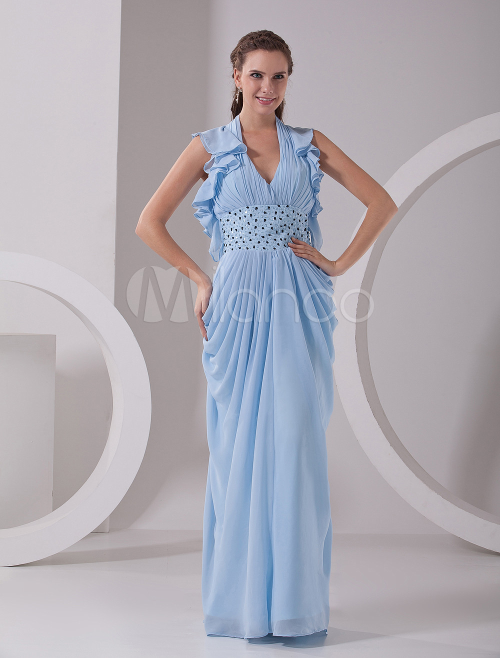 Sheath V-neck Floor-length Light Sky Blue Chiffon Evening Dress | Demiba