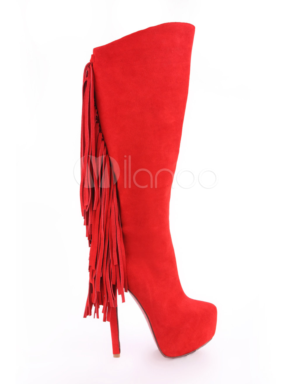 Trendy Red Monogram Suede Fringe Women’s High Heel Knee High Boots | Voore