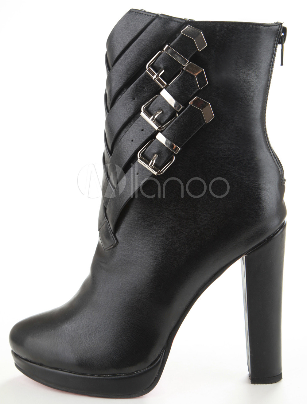 Black Buckles Chunky Heel Sheepskin Woman’s High Heel Booties | Fanu