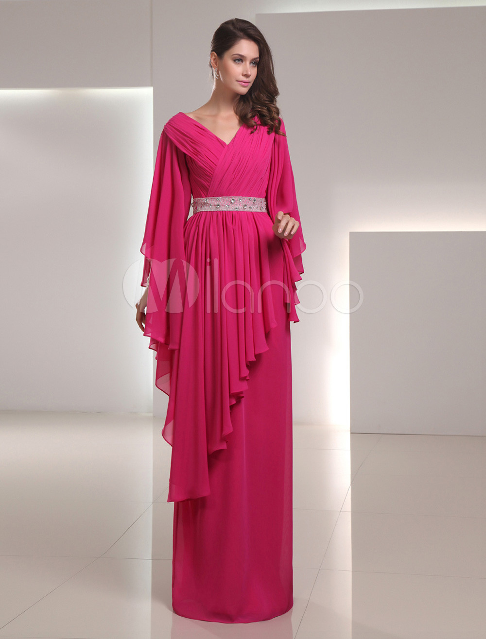 Half Sleeve Fuchsia Chiffon V-neck Mother Of The Bride Dress | Eido