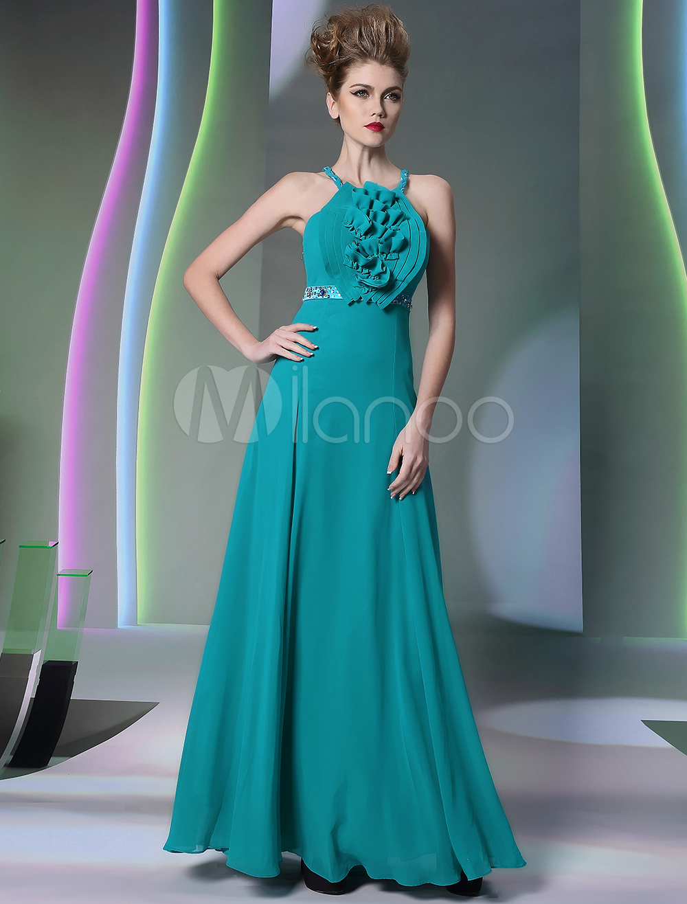 Grace Ocean Blue Halter Flower A-line Evening Dress For Women | Feedworks