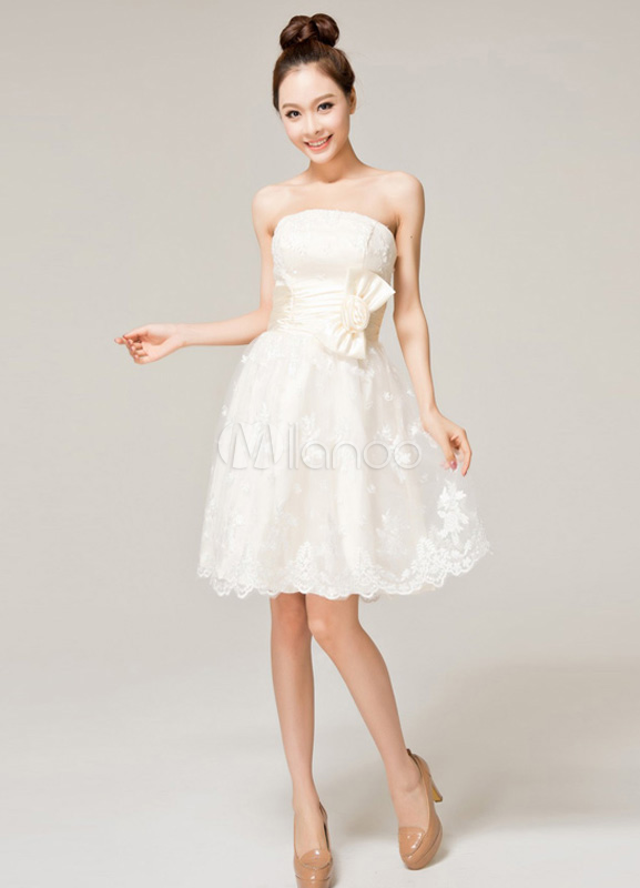 Grace Champagne Strapless Bow A-line Lace Evening Dress For Women | Nvine