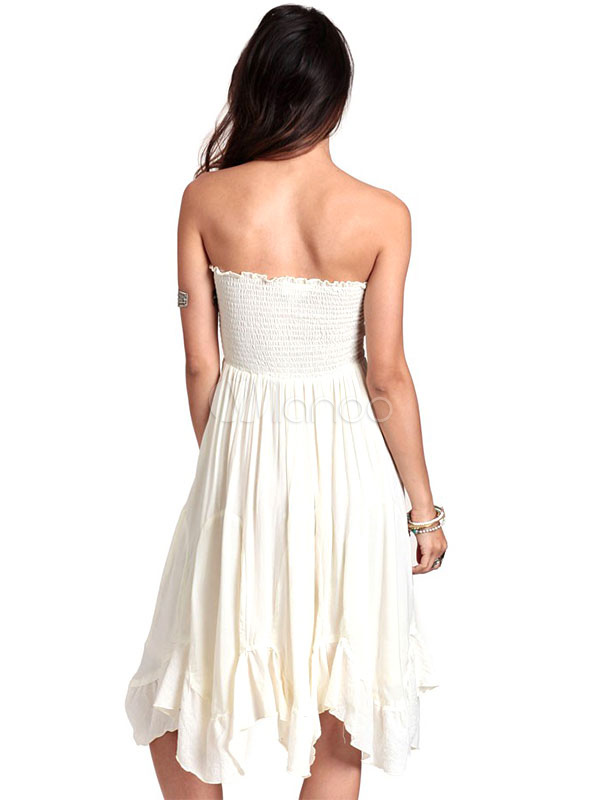 White Strapless Asymmetric Dress Ruffles Vintage Dress - Milanoo.com