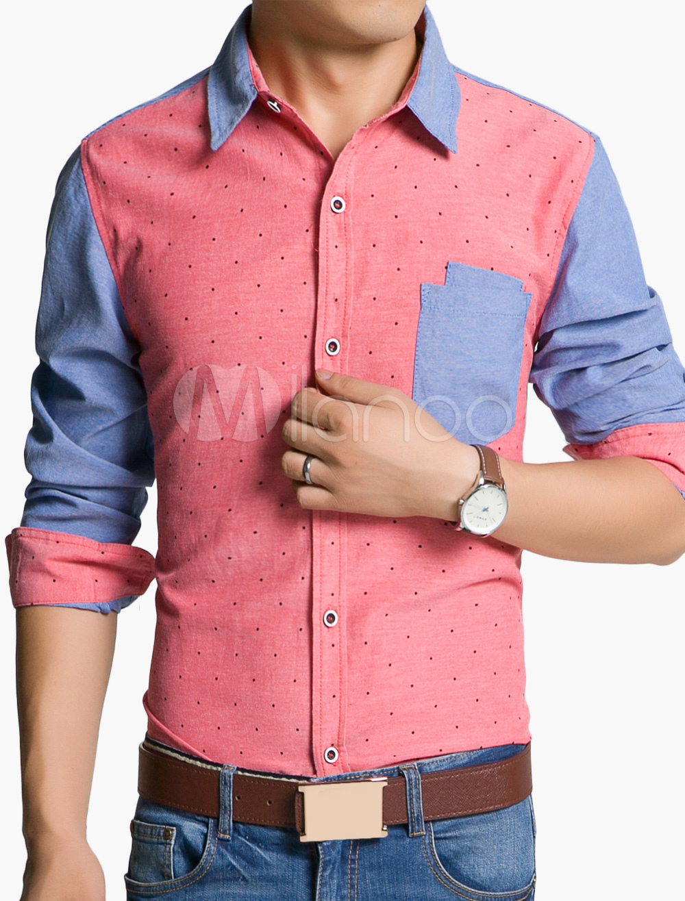 Button-up Shirt with Contrast Sleeves and Pocket in Pattern - Milanoo.com