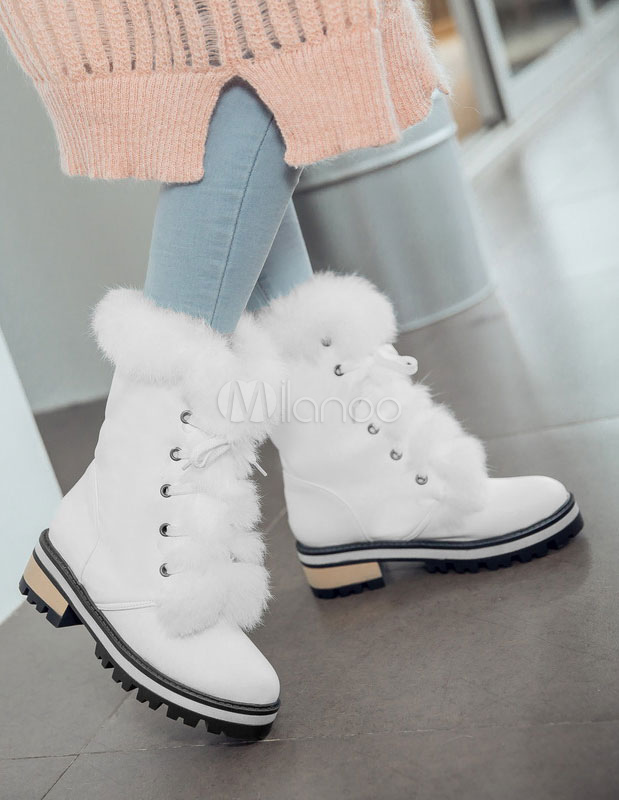 White Fur Boots Lace Up Faux Fur Mid Calf Winter Boots For Women ...