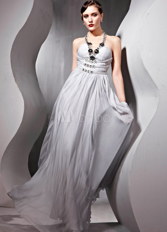 Silver Halter Chiffon Rhinestone Women’s Prom Dress | Yakinti