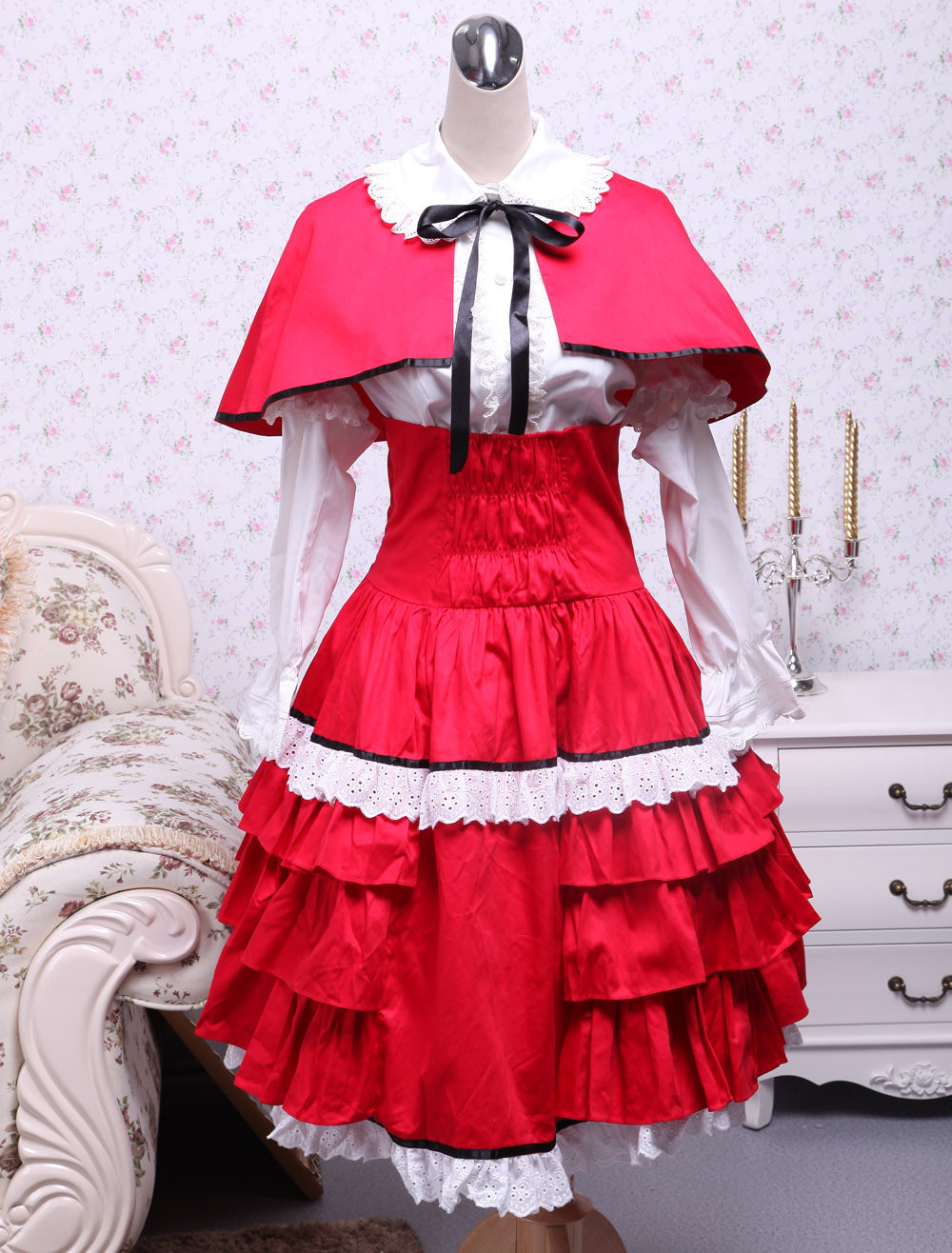 Gorgeous Red Classic Long Sleeves Cotton Lolita Outfit | Twitterlinks