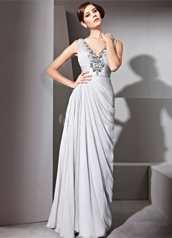 Silver Silk Satin V-neck Rhinestone Evening Dress | Feedspot