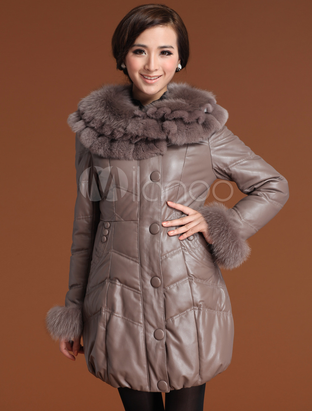 Deluxe Khaki Sheepskin Duck Down Women’s Fur Coat | Photobean