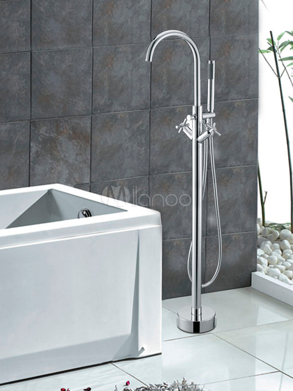 Shiny Brass Contemporary Floor Standing Bathtub Shower Faucet With Hand ...