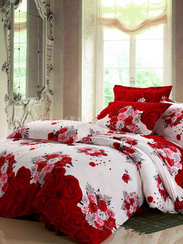 White Rose Print Cotton 4-piece Sanding Bedding Set | Devxs