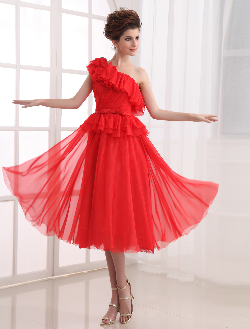 A-line One-shoulder Red Chiffon Elastic Woven Satin Prom Dress | Ilith
