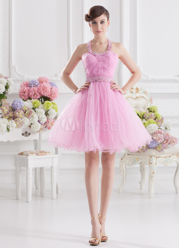 Princess Silhouette Pink Organza Halter Short Fashion Homecoming Dress ...