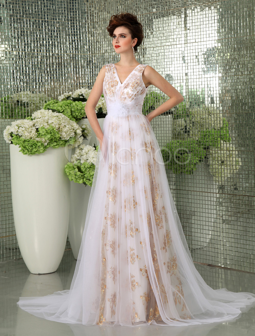 A-line V-neck Court Train White Net Sequin Evening Dress | Chatverse