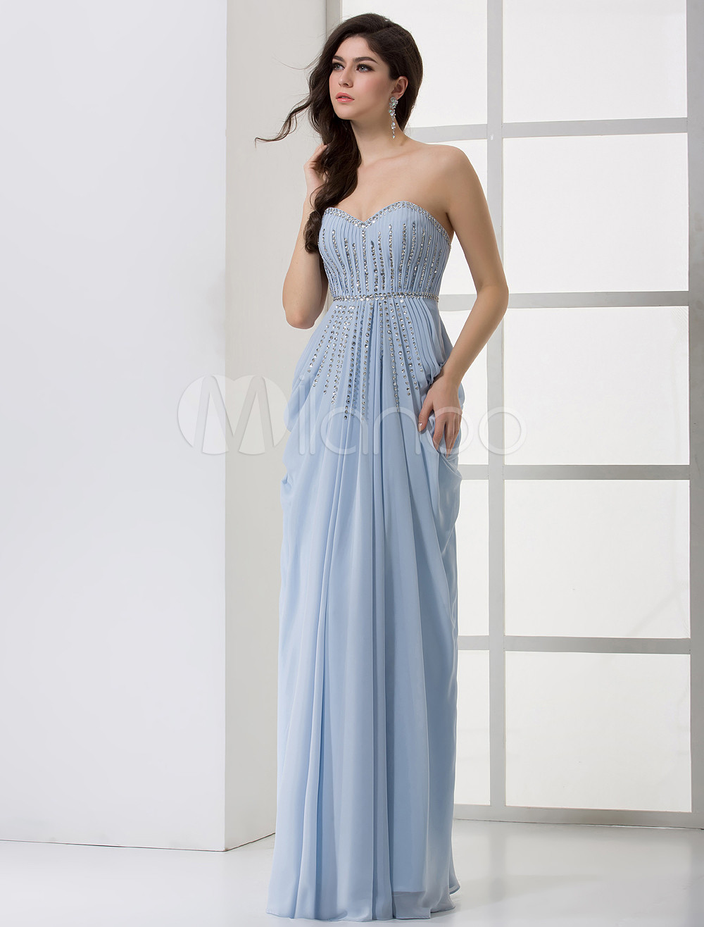 Elegant Dropped Light Sky Blue Chiffon Rhinestone Sweetheart Neck Women ...