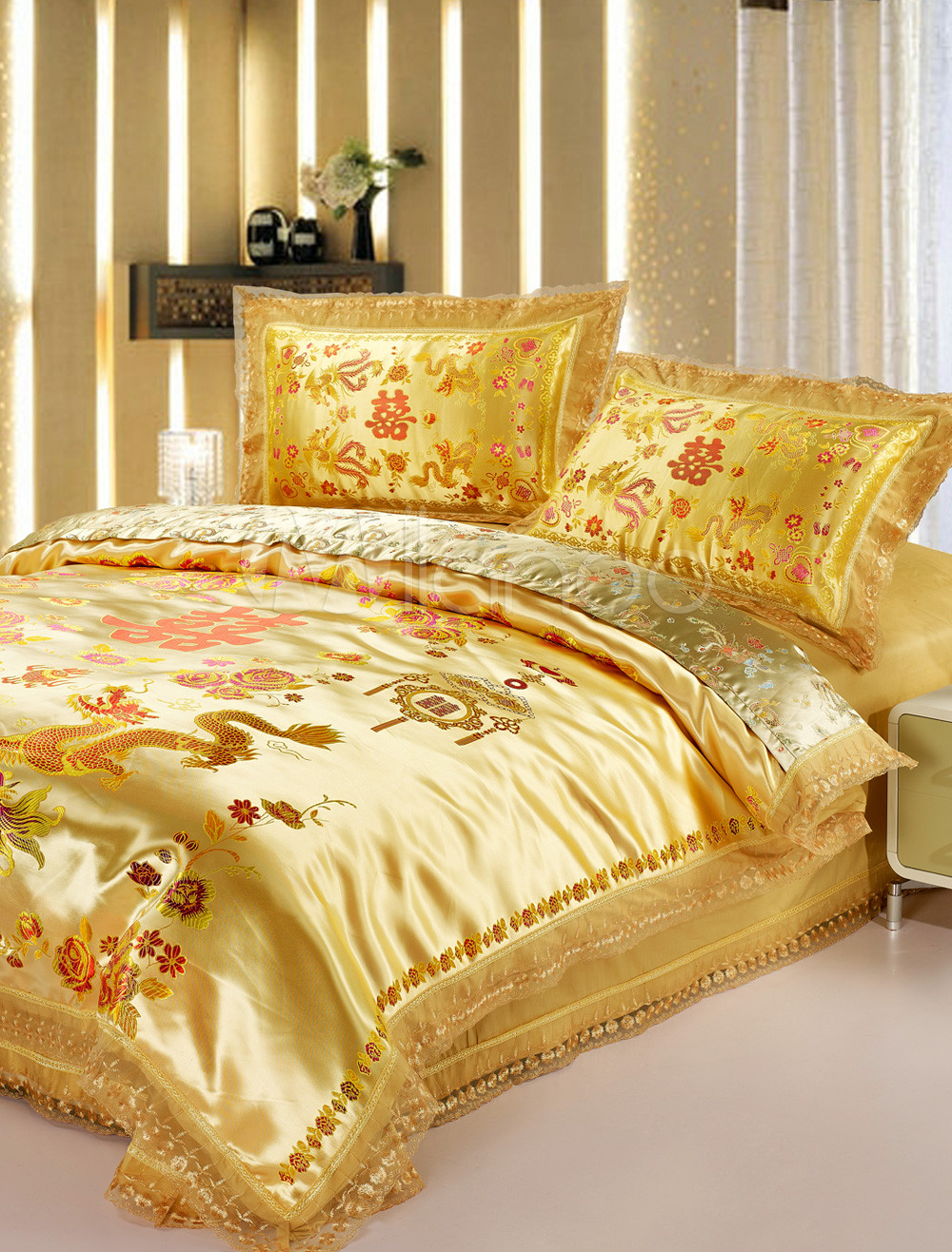 Gold Dragon And Phoenix Print 4-piece Bedding Set In Satin | Dazzletube