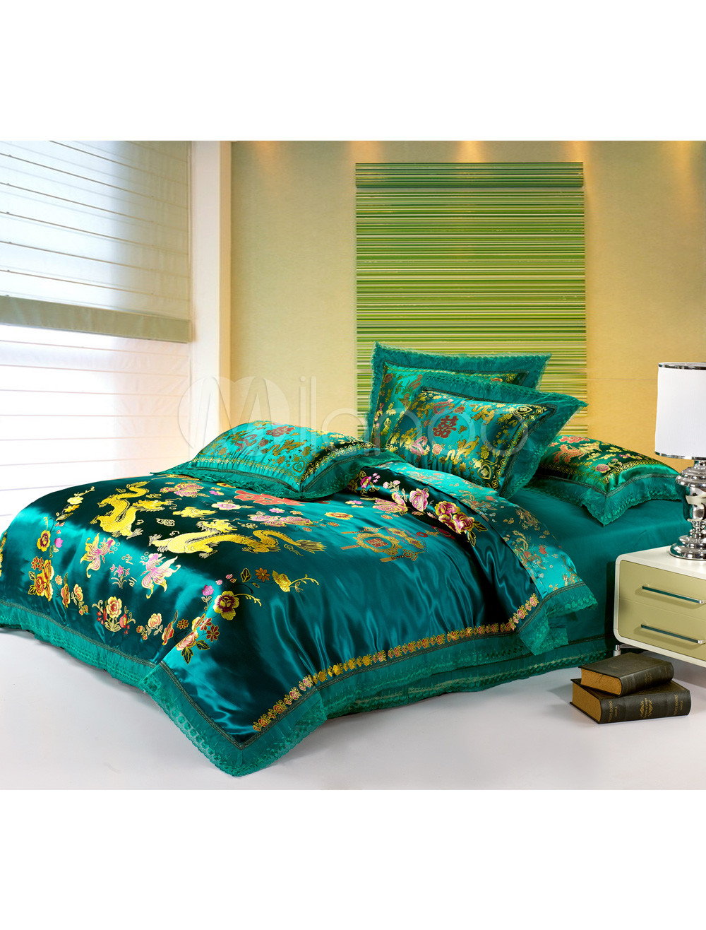Green Dragon And Phoenix Print 4-piece Bedding Set In Satin | Dazzletube