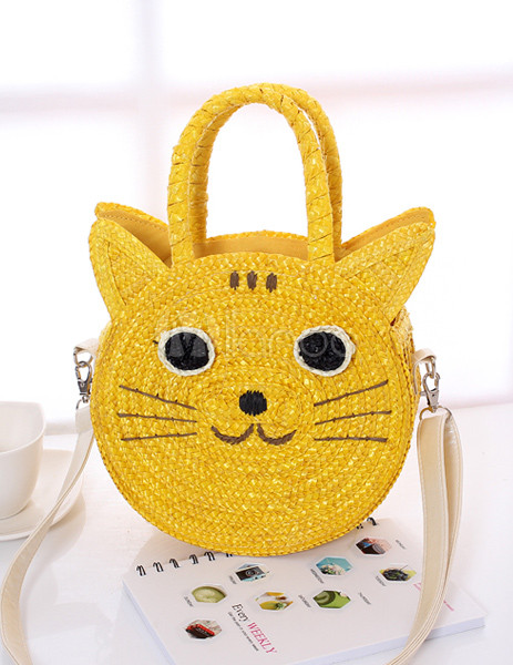 Cartoon Cat Print Unspecified Shape Wicker And Rattan Stylish Shoulder ...